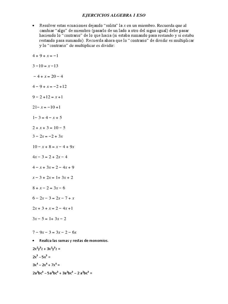Ejercicios Algebra 1 Eso