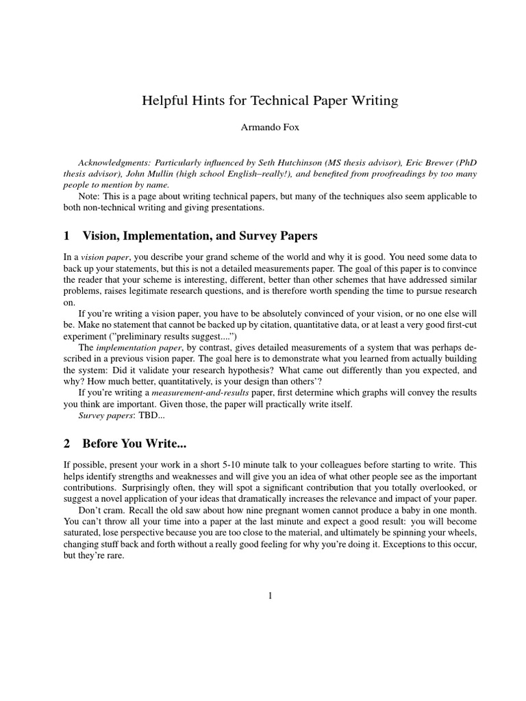 Helpful Hints For Technical Paper Writing: 1 Vision, Implementation ...