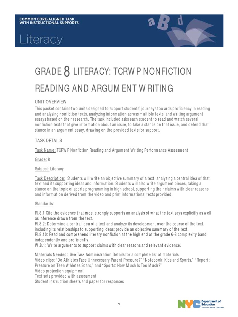 Grade 8 Nonfiction Reading & Argument Writing | PDF | Curriculum | Essays
