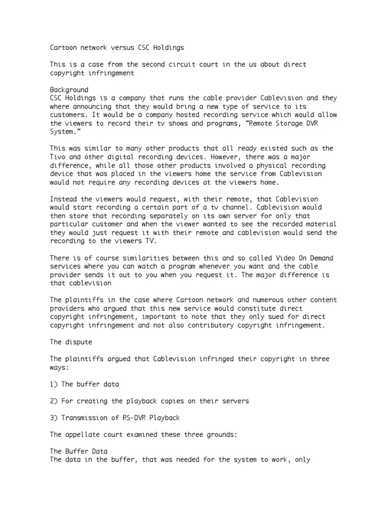 Summary Cartoon Network Vs CSC Holdings | PDF | Copyright Infringement ...