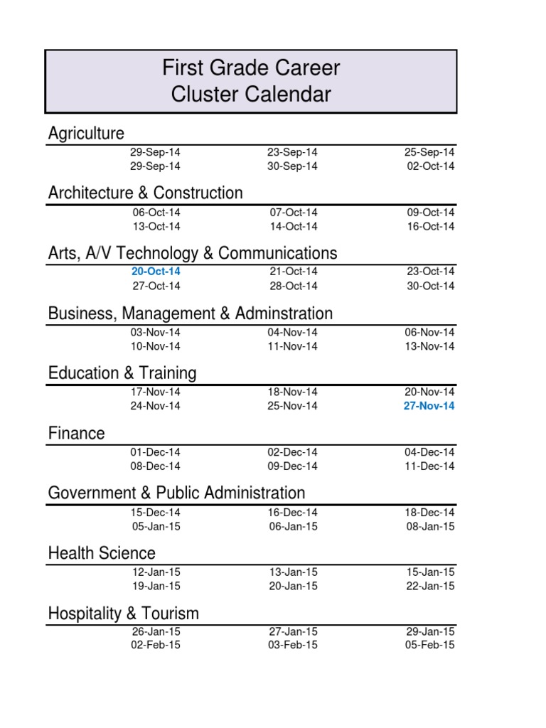 Career Clusters Calendar | PDF