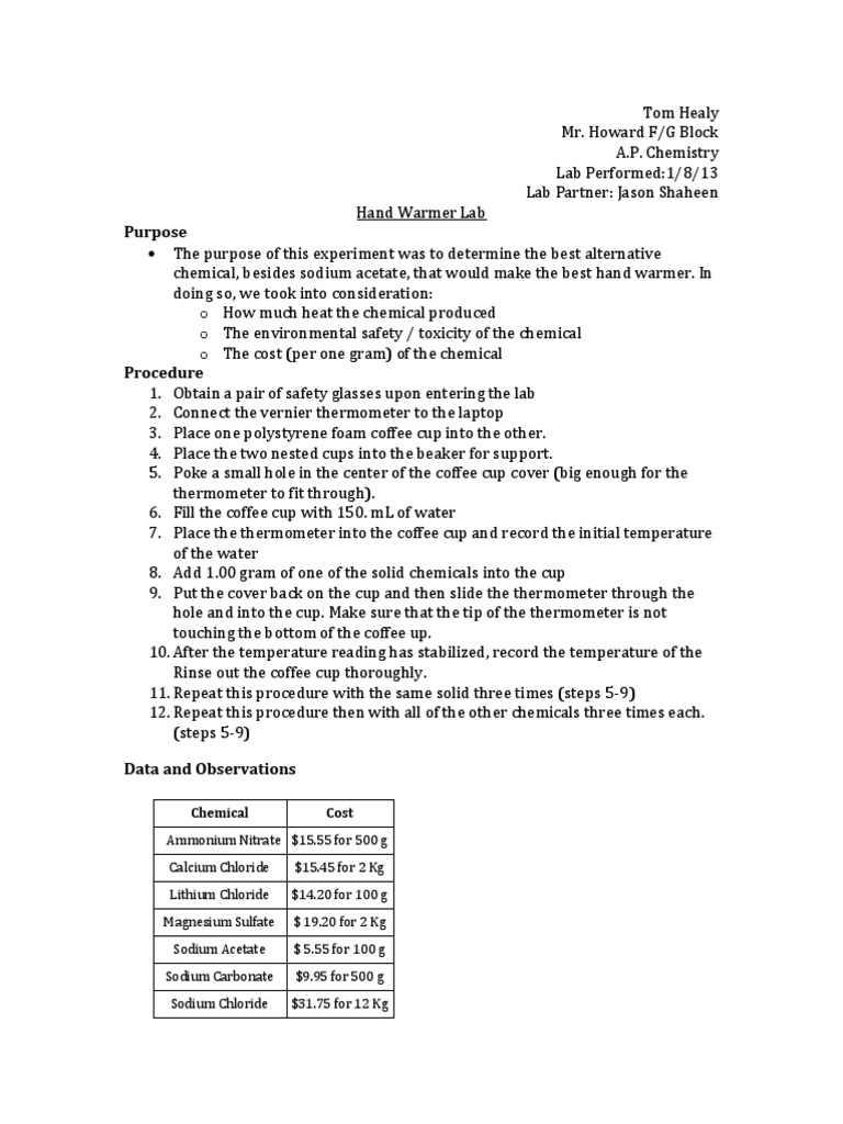 Hand Warmer Lab (AO Chemistry) | PDF | Sodium | Sodium Carbonate