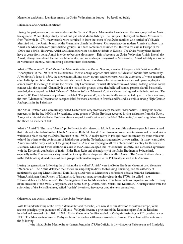 Mennonite and Amish Identities Among The Swiss Volhynians in Europe ...