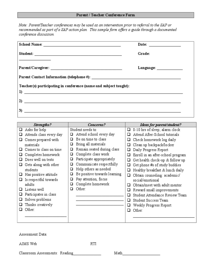 Parent-Teacher Conference Form Template | PDF