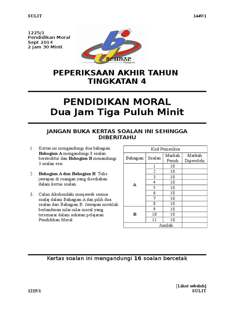 Peperiksaan Akhir Tahun Form 4 Pendidikan Moral | PDF