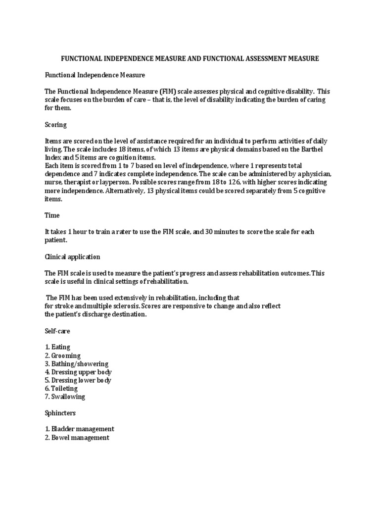 Functional Independence Measure and Functional Assessment Measure | PDF ...