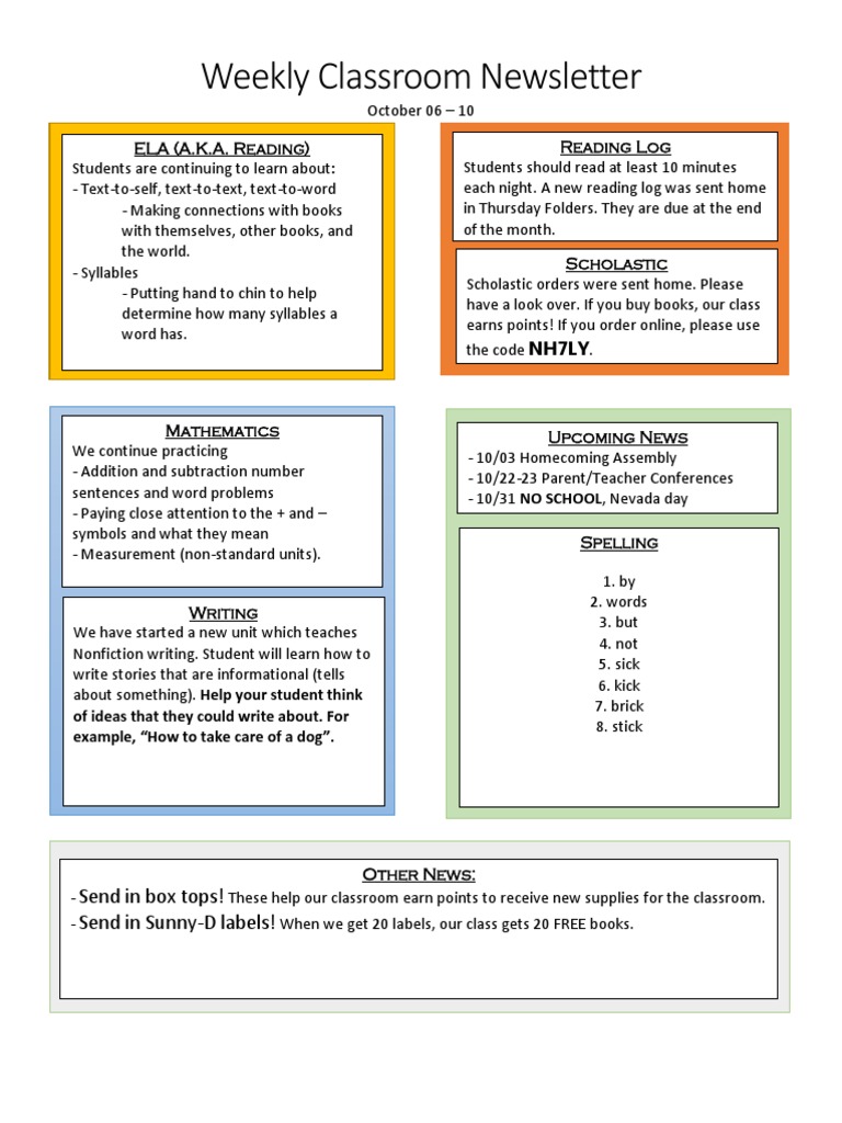 Weekly Classroom Newsletter: Oct 6-10 | PDF | Schools | Linguistics