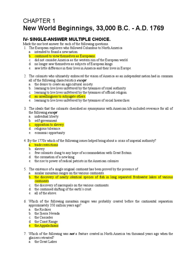 European Colonization of North America Chapter 1 Multiple Choice Quiz ...