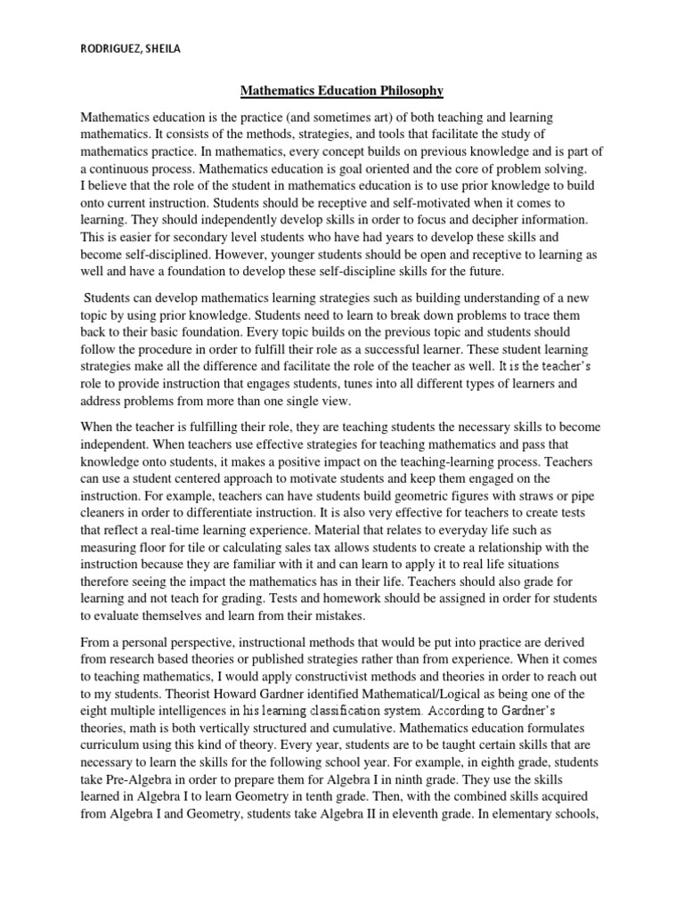 Mathematics Education Philosophy: Rodriguez, Sheila | PDF | Teaching ...