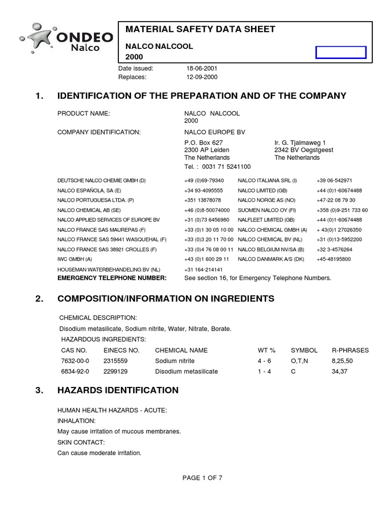 MSDS Nalcool 2000 PDF | Toxicity | Water