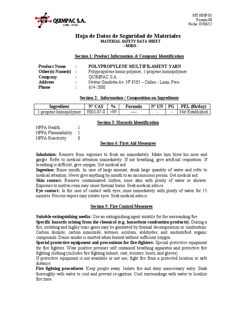 Polypropylene Multifilament Yarn MSDS | PDF | Personal Protective ...