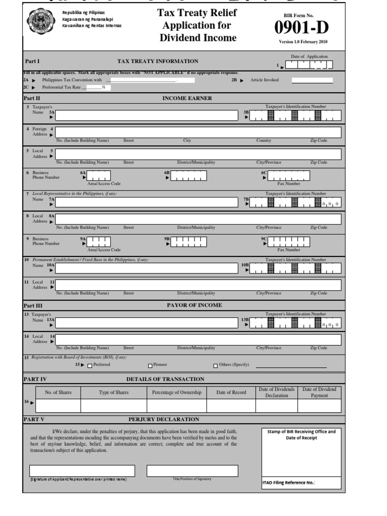 BIR Form No. 0901-D Dividends | Withholding Tax | Tax Treaty