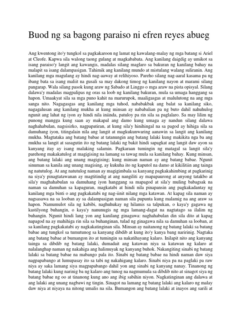 Buod NG Sa Bagong Paraiso Ni Efren Reyes Abueg | PDF