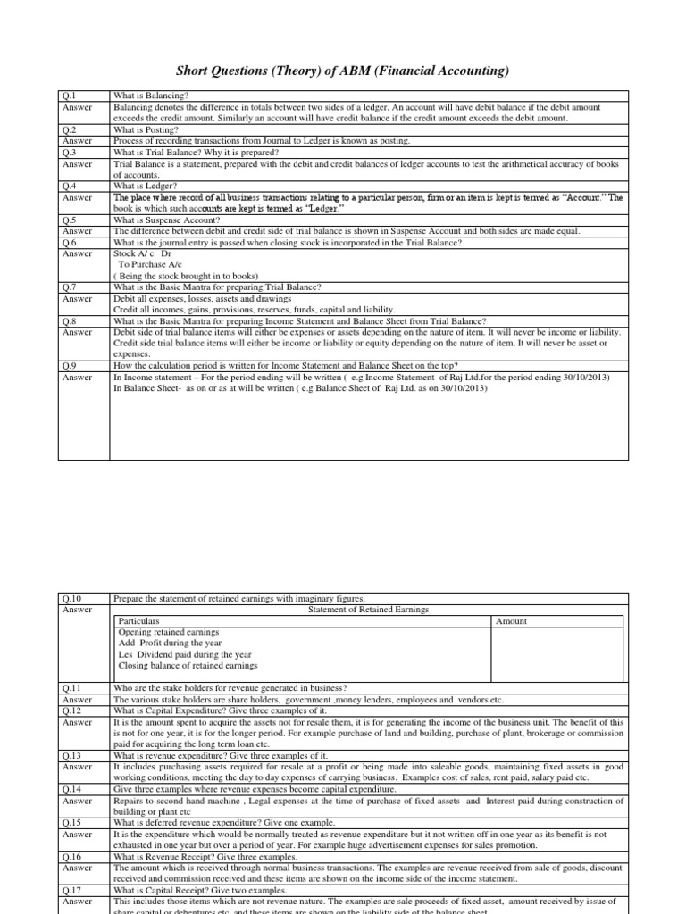 Short Questions (Theory) of ABM (Financial Accounting) | PDF | Debits ...