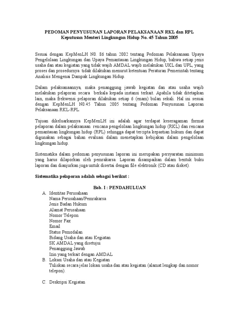 PEDOMAN PENYUSUNAN LAPORAN PELAKSANAAN RKL Dan RPL | PDF | Teknologi ...