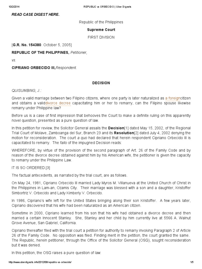 Republic Vs Orbecido - Uber Digests | PDF | Naturalization | Marriage