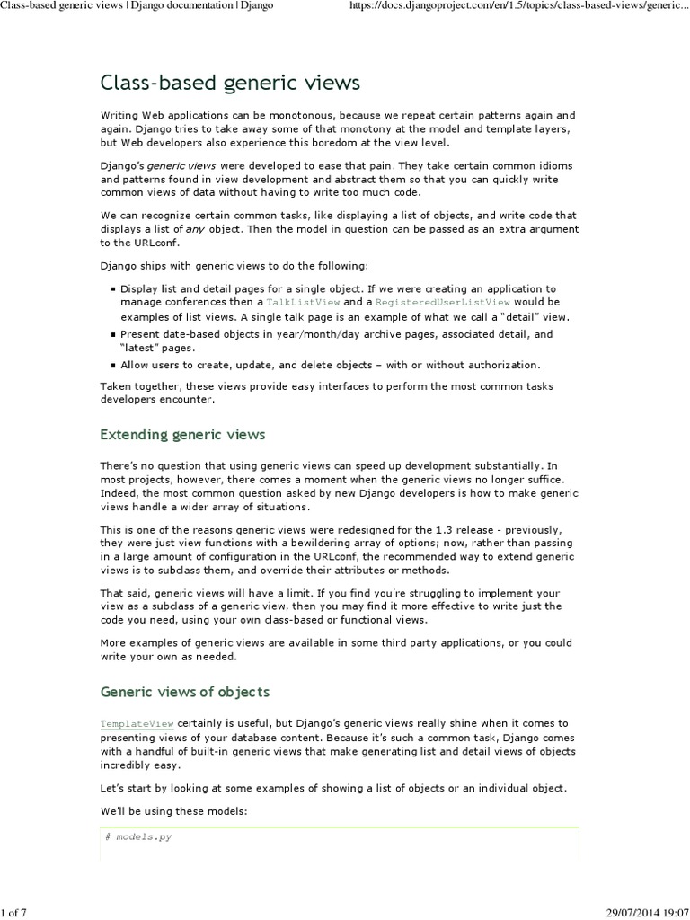 Class-Based Generic Views Django Documentation Django | PDF | Inheritance (Object Oriented ...