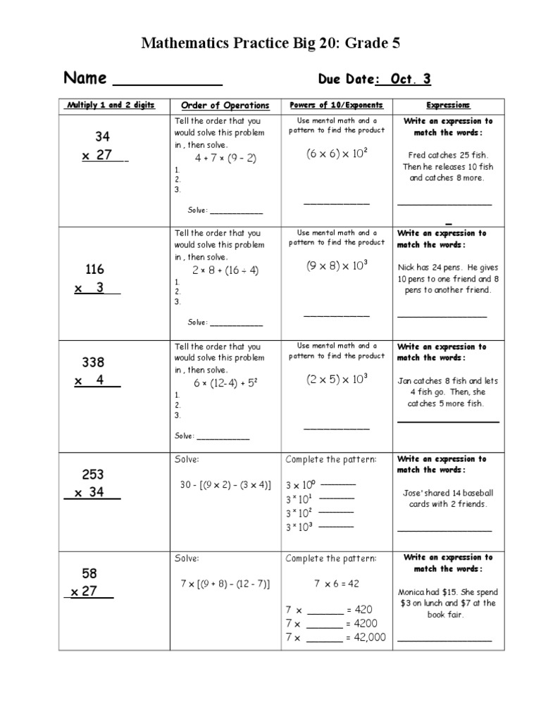 Order of Operations Practice Grade 5 | PDF