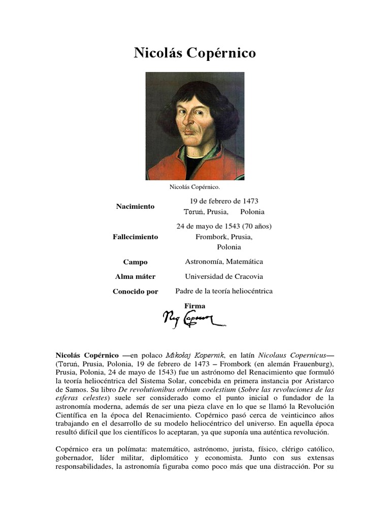 Nicolás Copérnico: Padre del Heliocentrismo | PDF | Nicolás Copérnico ...