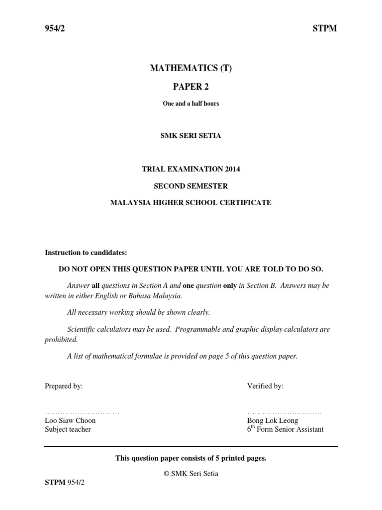 Mathematics T Trial Paper Semester 2 | PDF | Teaching Mathematics ...