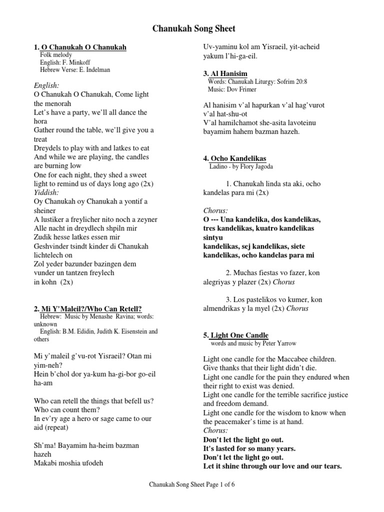 Chanukah Song Sheet | PDF | Hanukkah | Cultural Depictions Of The Maccabees