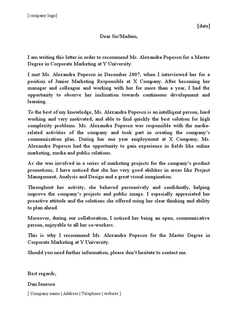 Model Scrisoare de Recomandare Pentru Masterat Din Partea Angajatorului ...
