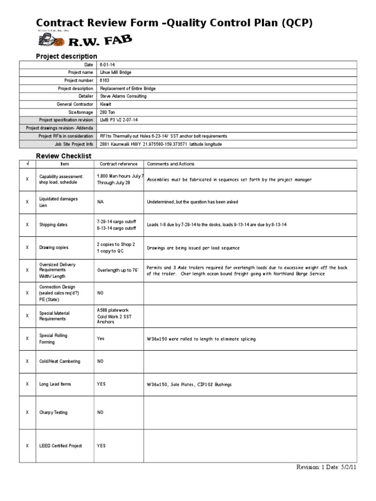 Contract Review Form - Quality Control Plan (QCP) : Project Description | PDF
