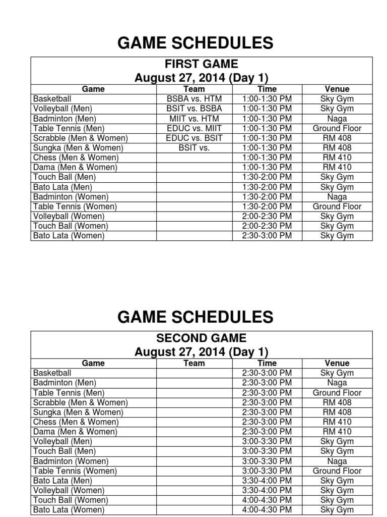 August 27 Game Schedules | PDF