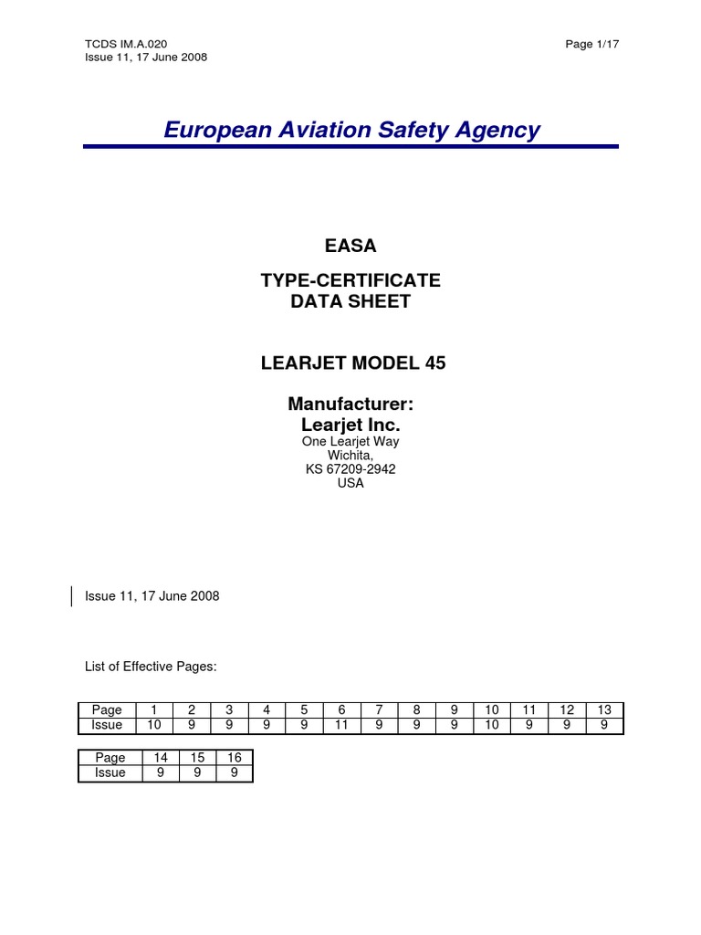 EASA TCDS A.020 - (IM) - Learjet - 45 11 17062008 | PDF | Aeronautics ...