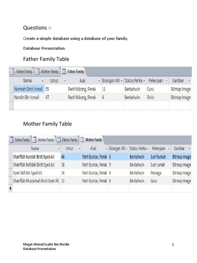Questions:-: Create A Simple Database Using A Database of Your Family ...