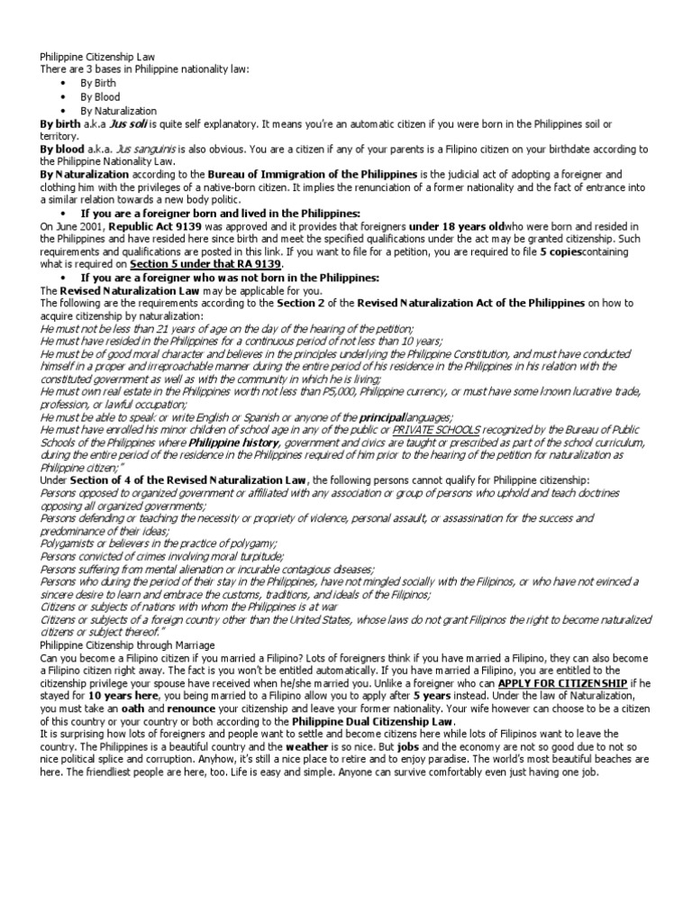 Philippine Citizenship Law | Naturalization | Citizenship