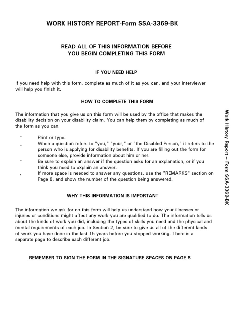 Work History Report SSA-3369-BK | PDF | Social Security Administration ...