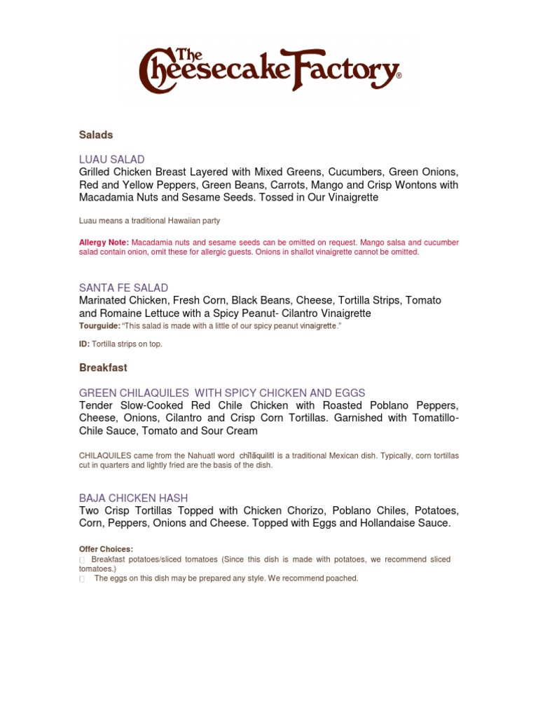 Cheesecake Factory Menu Highlights | PDF | Cheesecake | Salad
