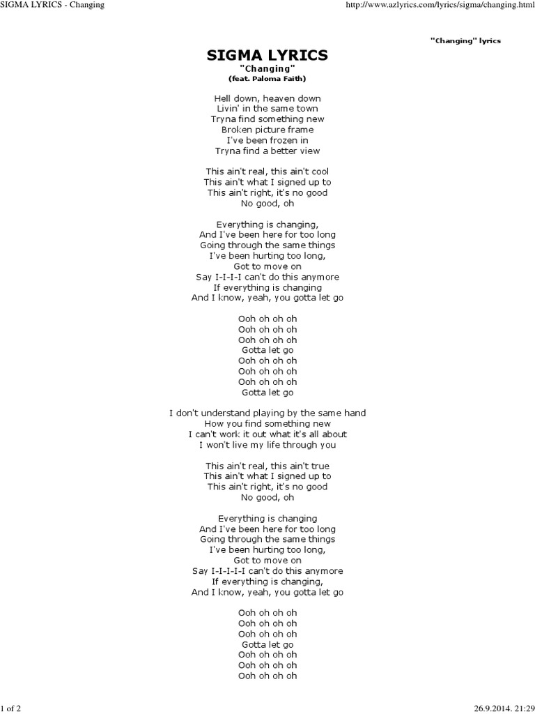 Sigma Lyrics - Changing | PDF | Poetry