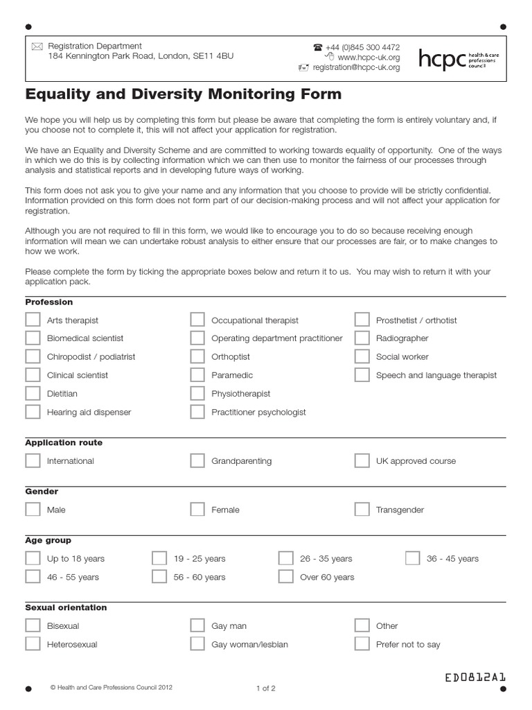 Equality and Diversity Monitoring Form: Profession | PDF | Race And ...