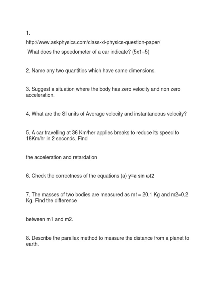 Physics Questions and Answers for Class XI | PDF | Electronvolt | Acceleration