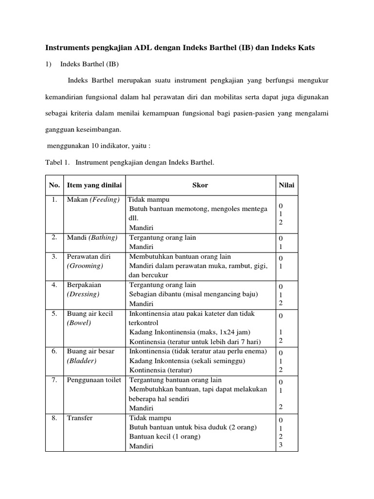Indeks Barthel & Katz untuk ADL | PDF | Kesehatan Holistik | Gaya Hidup