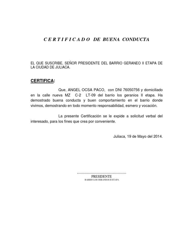 Certificado de Buena Conducta de Juliaca | PDF