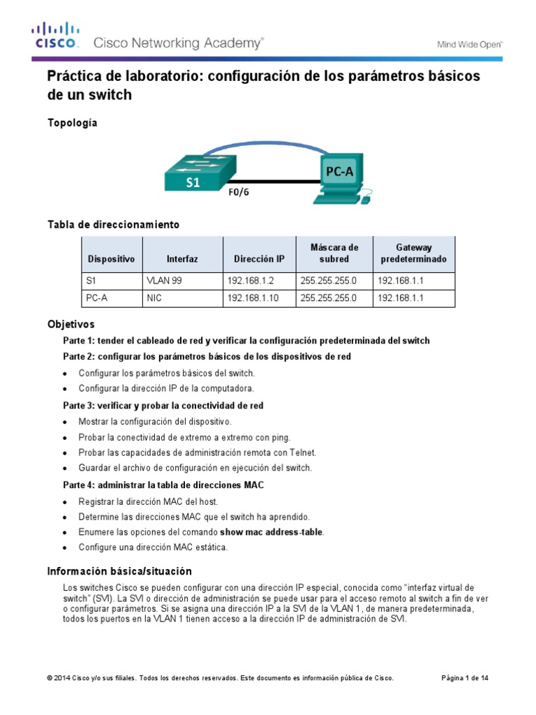 2.1.1.6 Lab - Configuring Basic Switch Settings PDF | PDF | Dirección IP | Conmutador de red