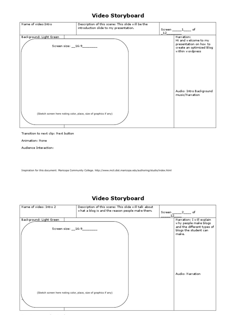 Video Storyboard: (Sketch Screen Here Noting Color, Place, Size of ...