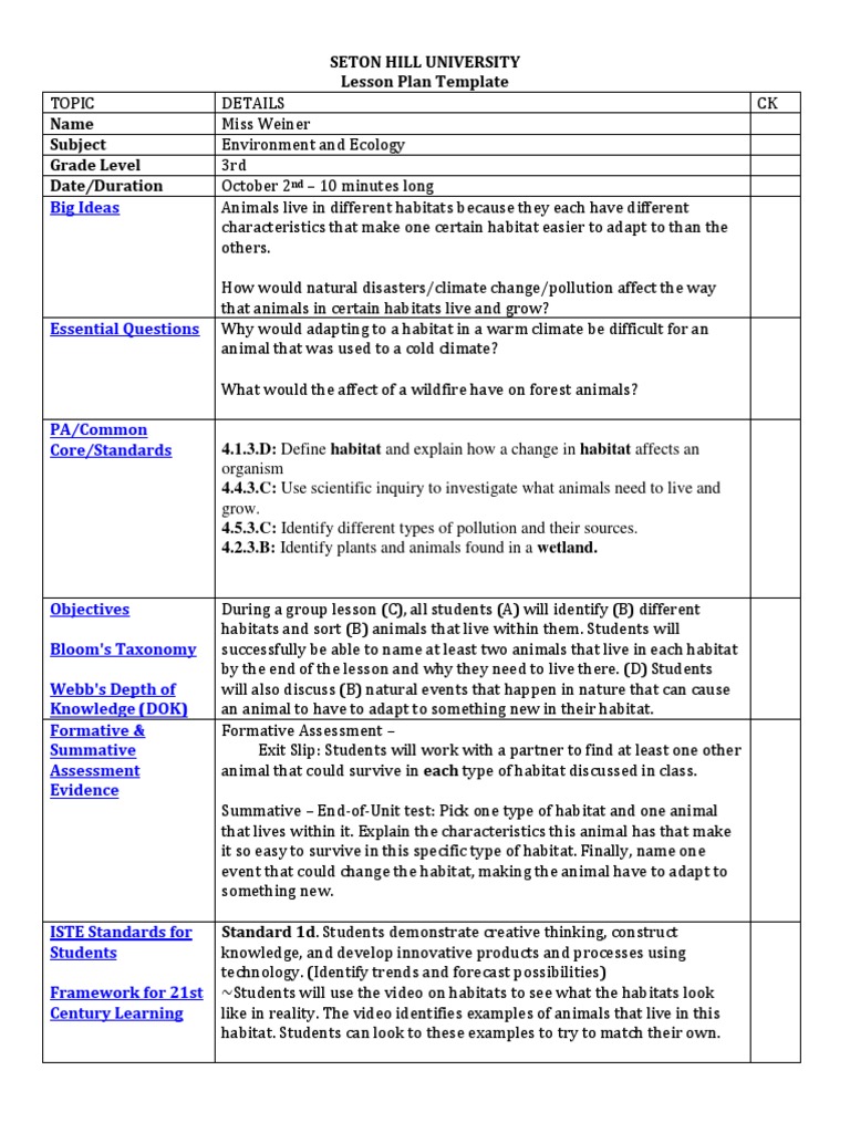 3rd Grade Ecology Lesson Plan | PDF | Habitat | Adaptation