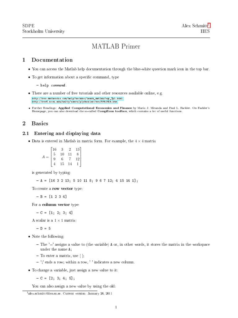 MATLAB Primer PDF | PDF | Matrix (Mathematics) | Numerical Analysis