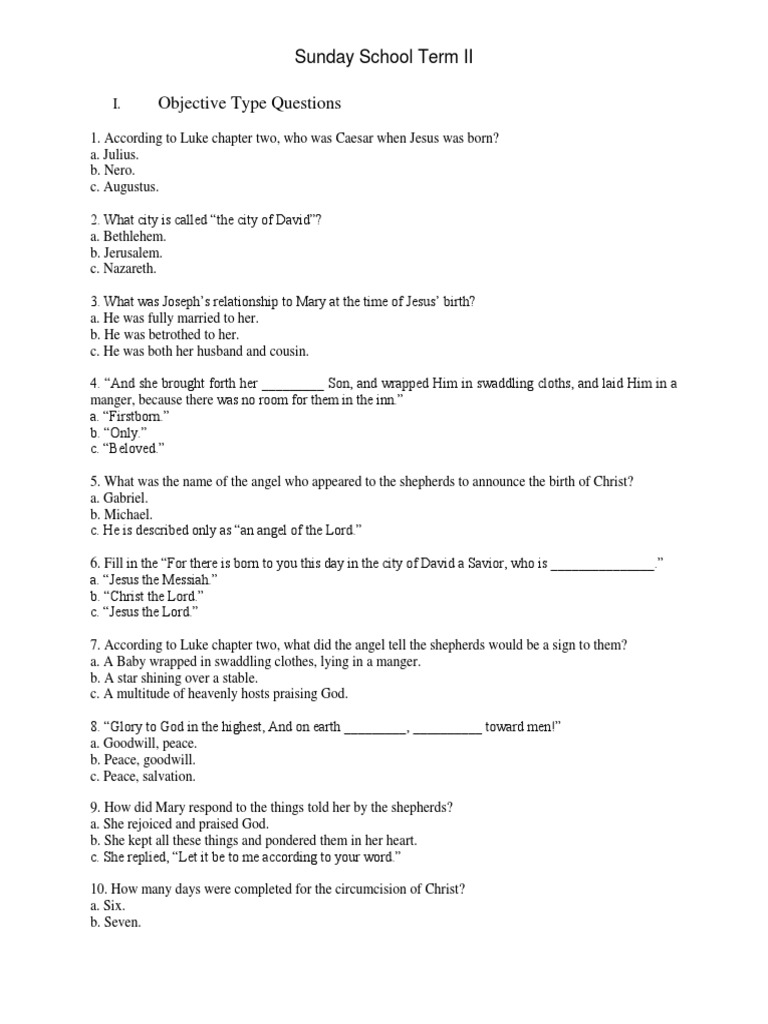 Sunday School Term II Objective Type Questions | PDF | Nativity Of ...