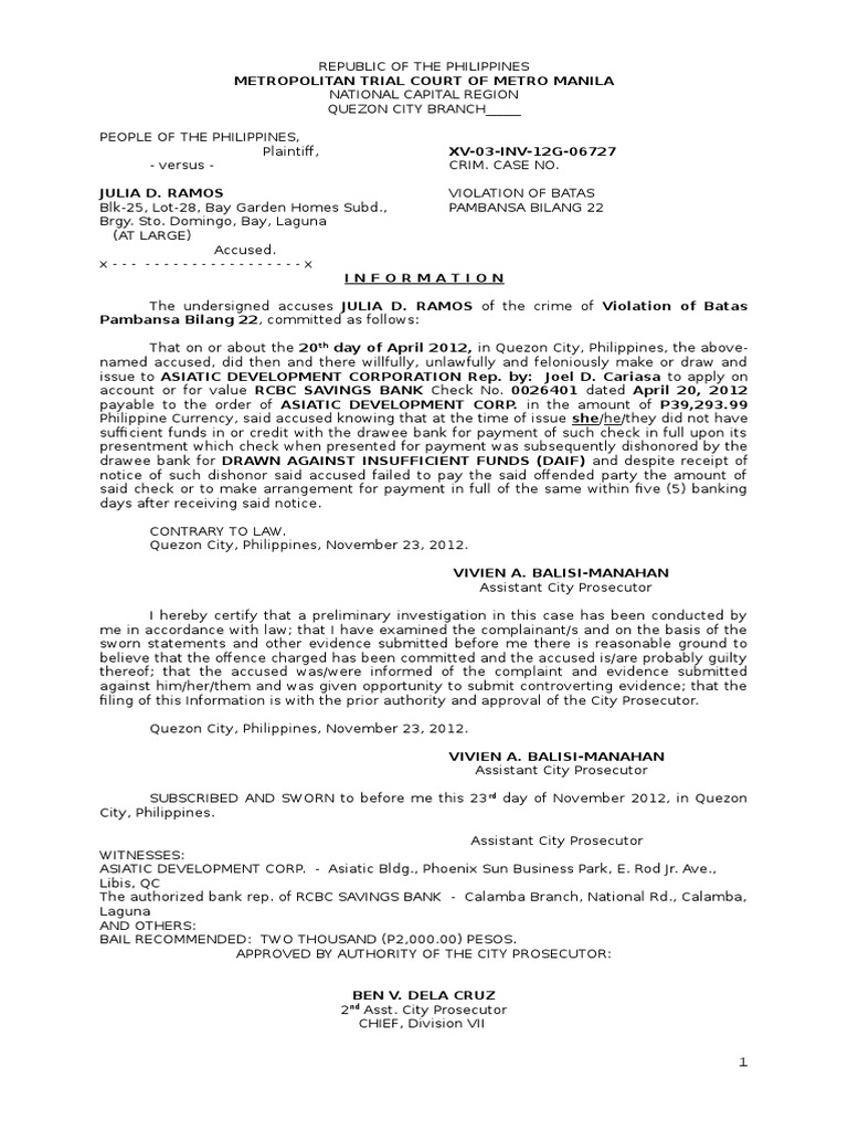 BP 22 Account Closed - 12g-06727, Ramos, Manahan | PDF | Cheque | Metro ...