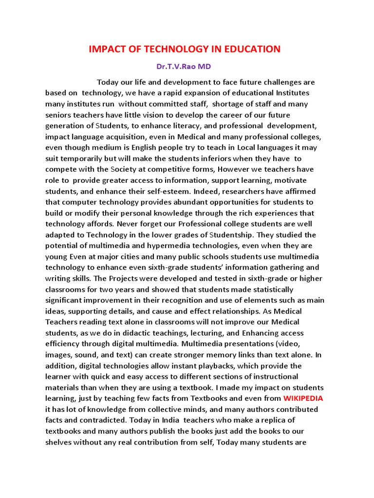 Impact of Technology in Education | PDF | Self Esteem | Teachers