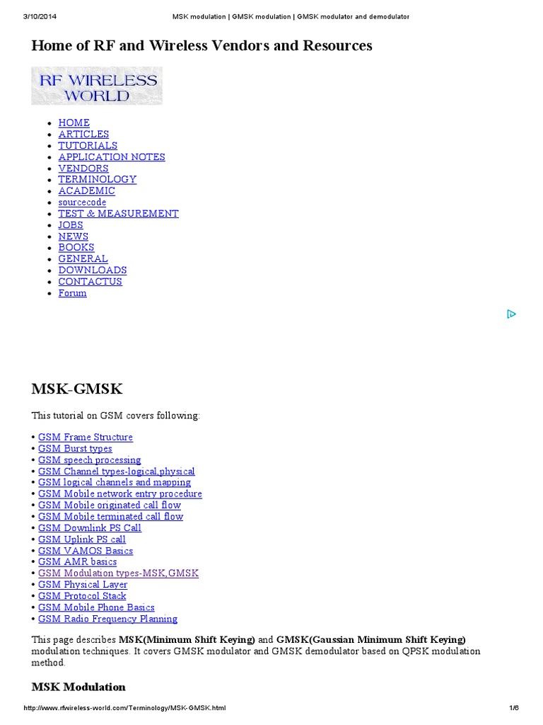 MSK Modulation - GMSK Modulation - GMSK Modulator and Demodulator | PDF ...