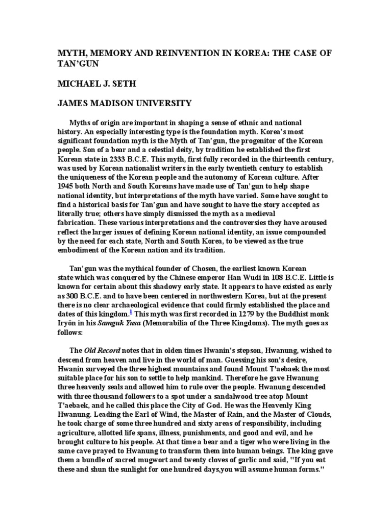 Myth, Memory and Reinvention in Korea: The Case of Tan'Gun Michael J ...