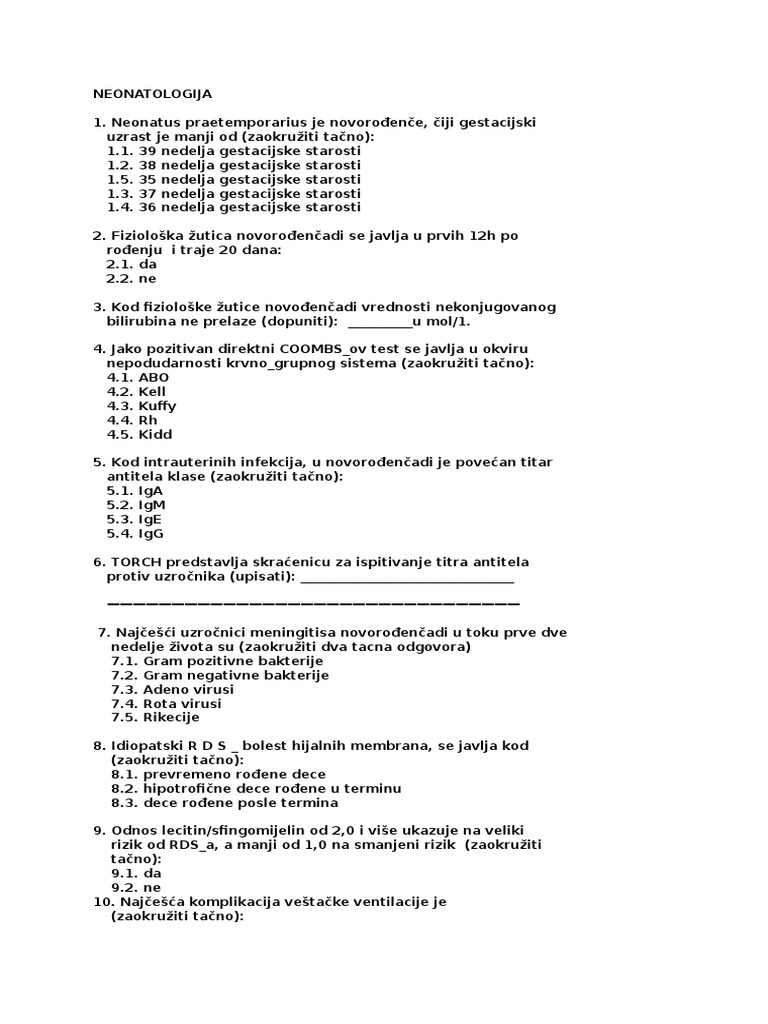 Test Pitanja Pedijatrija | PDF