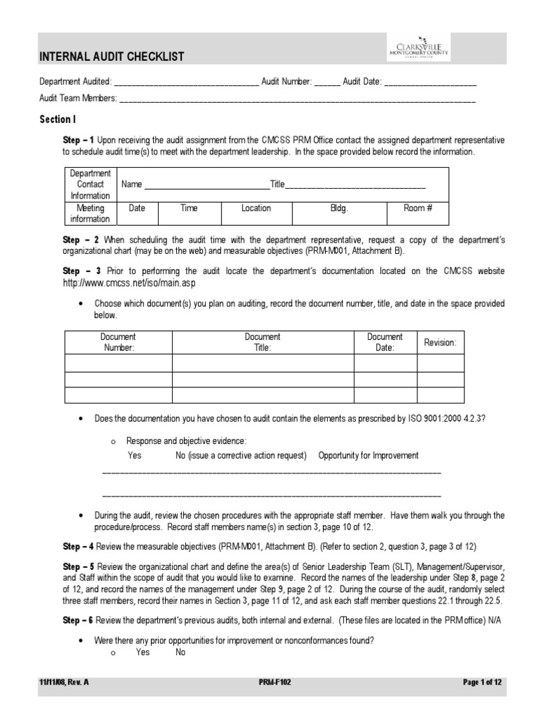 Internal Audit Checklist: Section I | PDF | Business | Finance & Money ...
