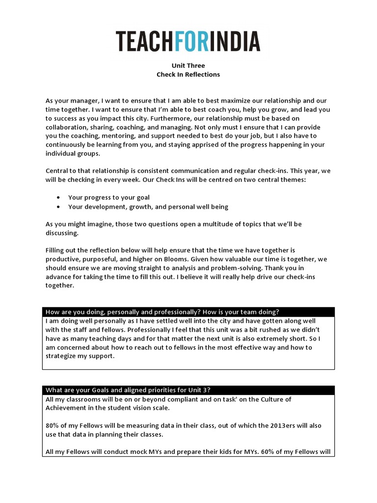 Unit Three Check in Reflections: How Are You Doing, Personally and ...